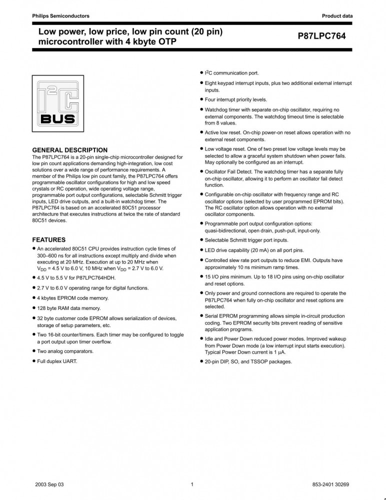 P87LPC764 datasheet page 3