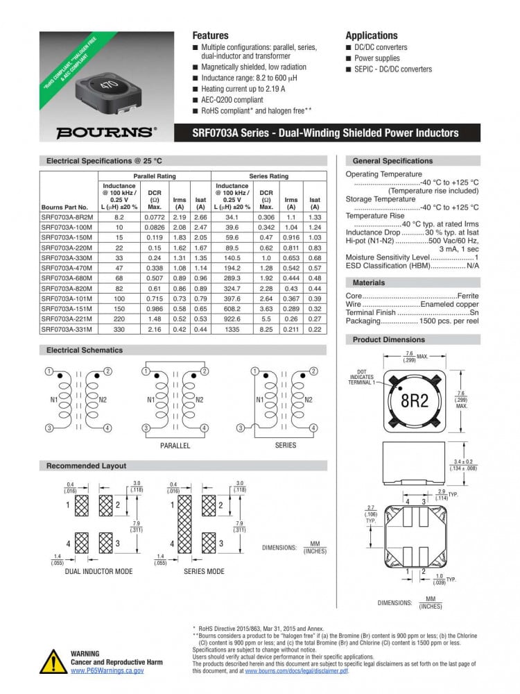 BOURNS SRF0703A series datasheet page 1