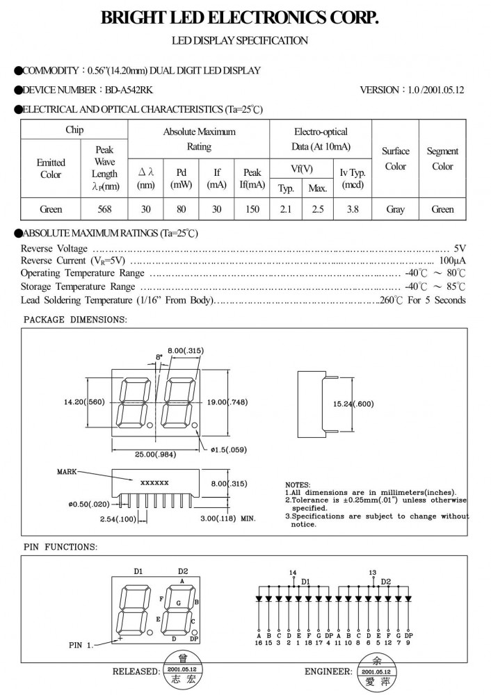 BD-A542RK specification document page 1