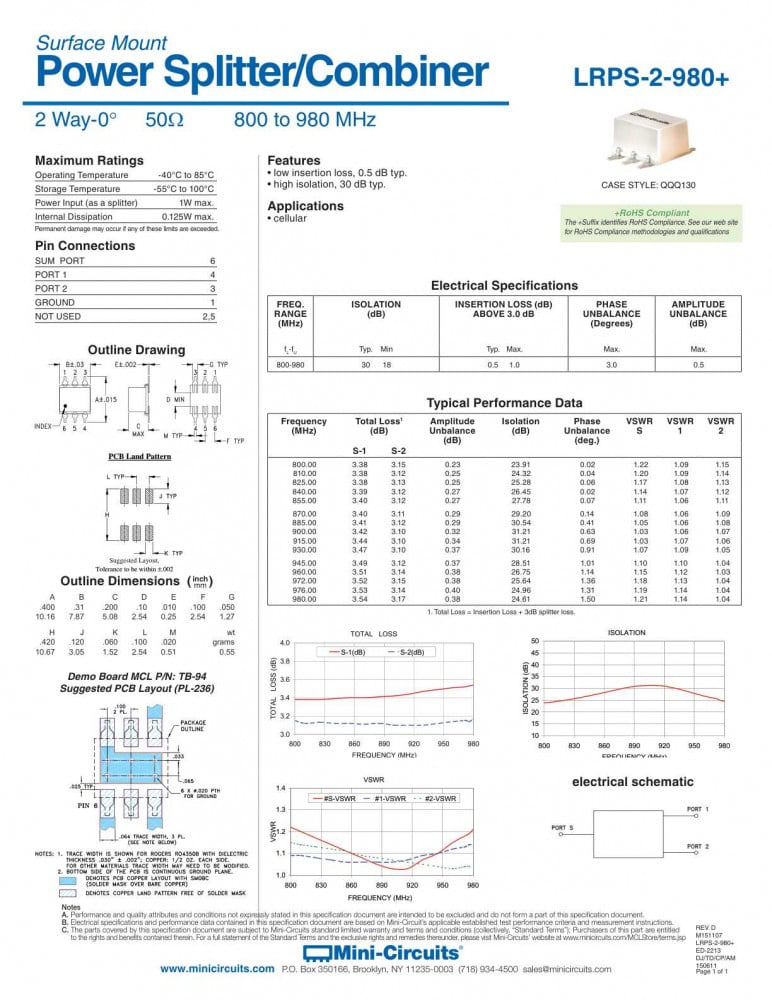 LRPS-2-980+ Mini-Circuits specification page