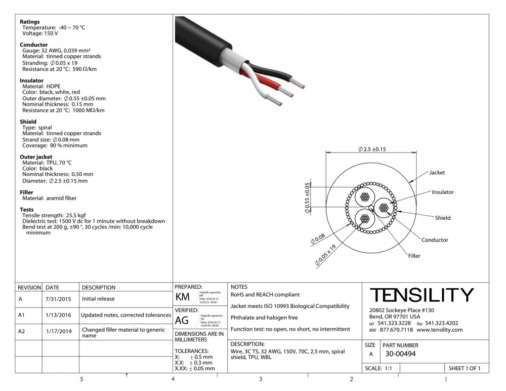Tensility International 30-00494 cable drawing and specification sheet