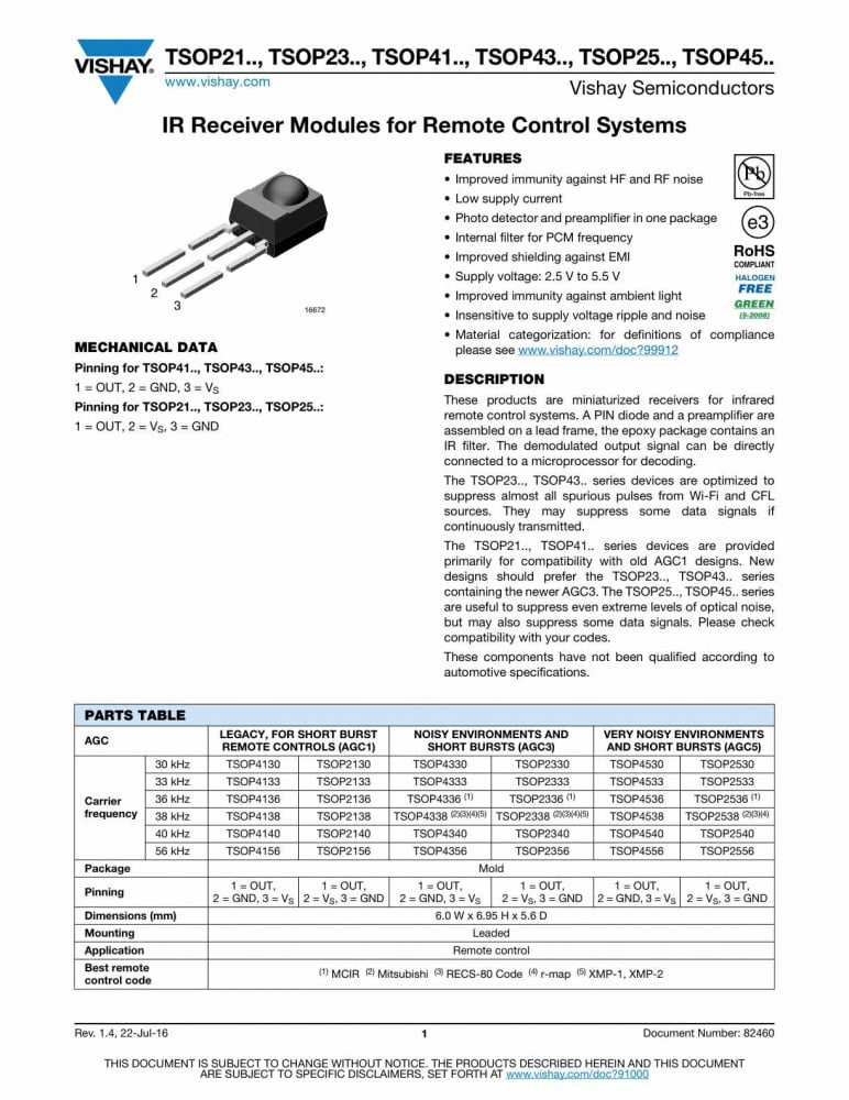TSOP4138 datasheet page 1