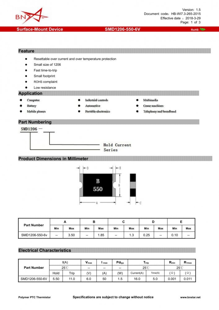 BNstar SMD1206-550-6V datasheet page 1