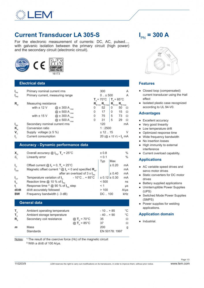 LEM LA 305-S technical document page 1