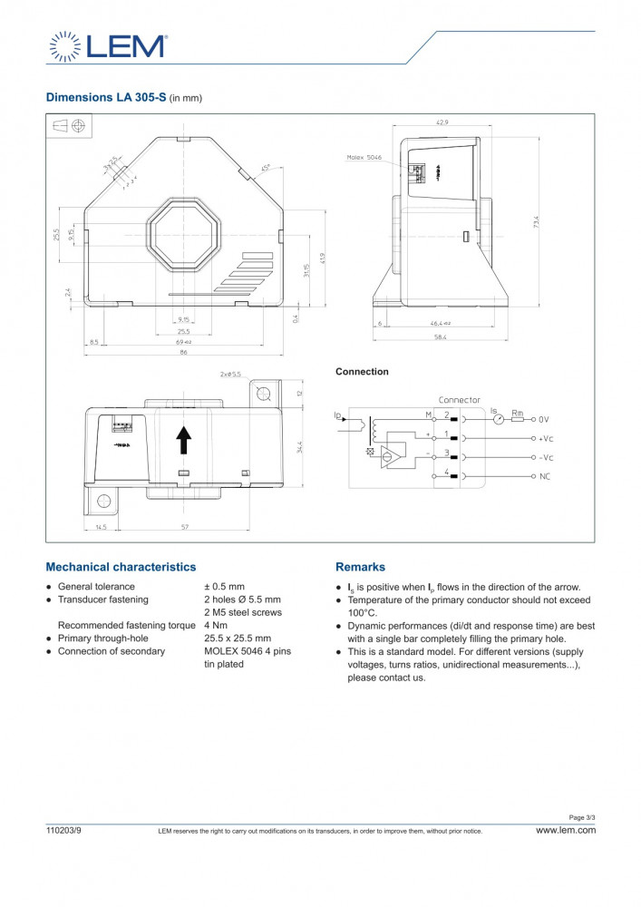 LEM LA 305-S technical document page 3