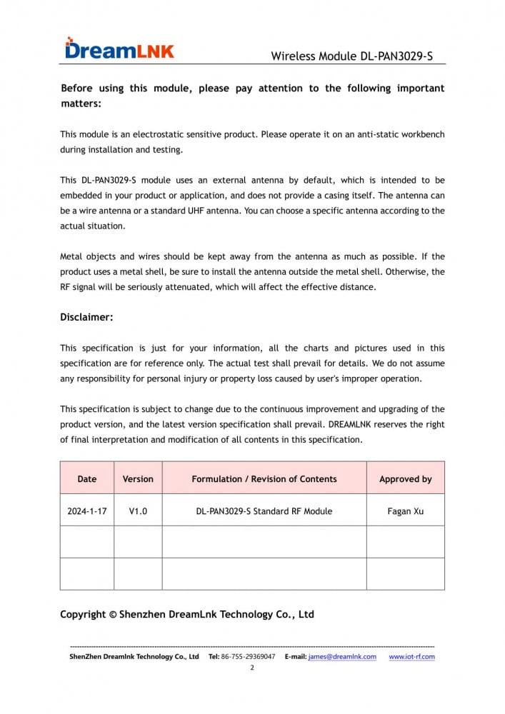 DL-PAN3029-S datasheet page 2