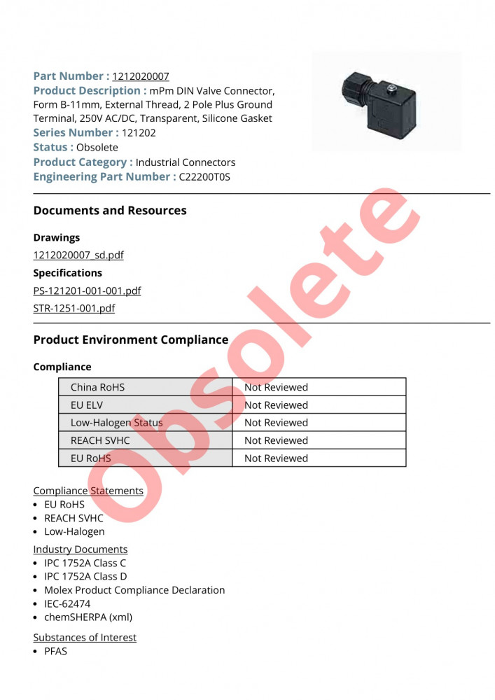Molex DIN valve connector specification page 1