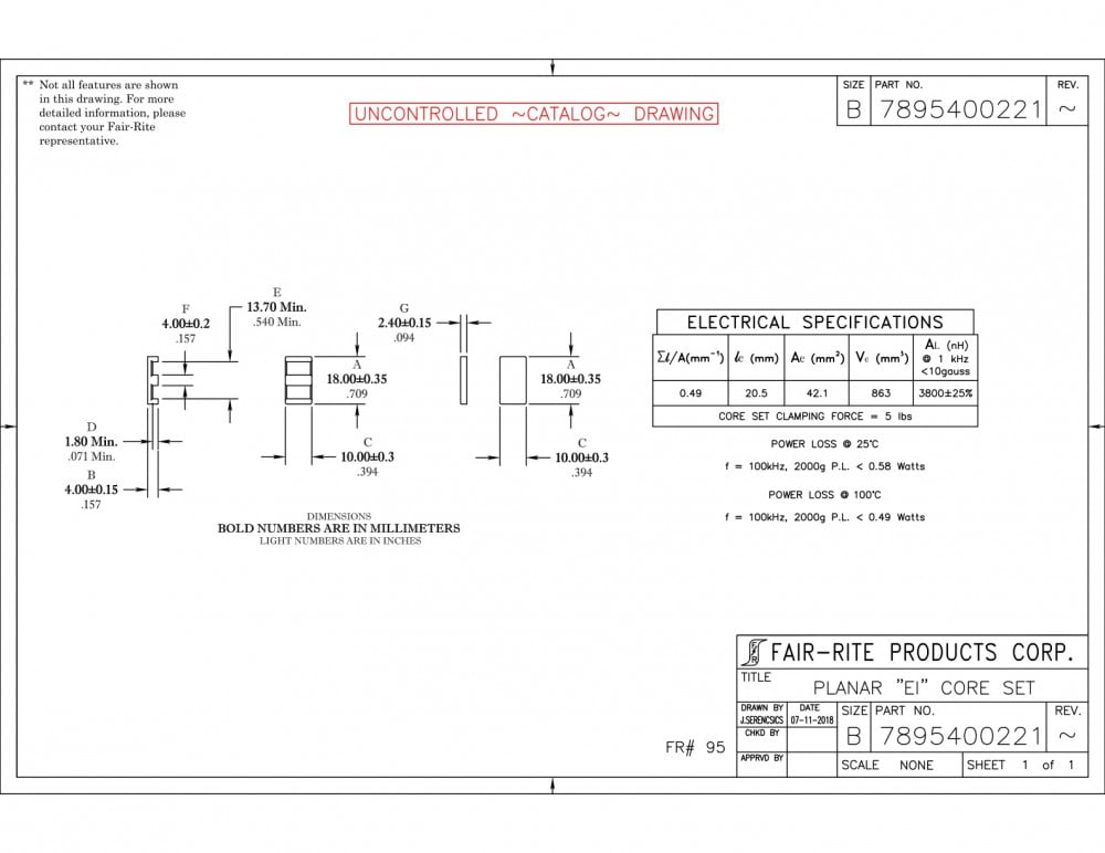 Fair-Rite 7895400221 Planar EI Core Set drawing