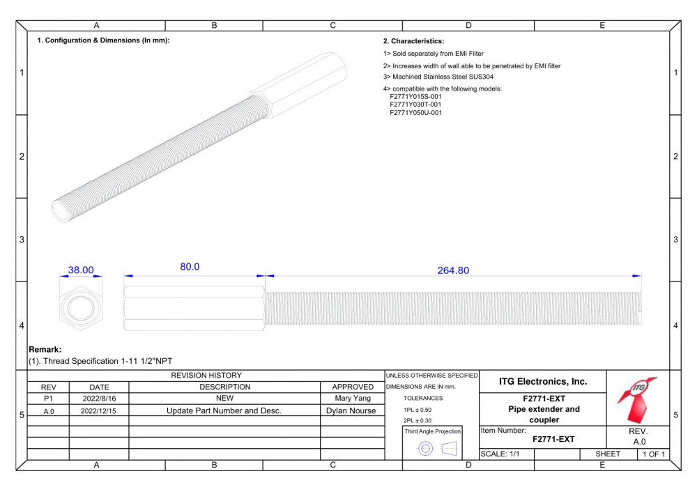 F2771-EXT pipe extender and coupler technical drawing