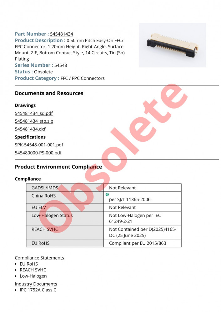 MOLEX 545481434 document preview, page 1