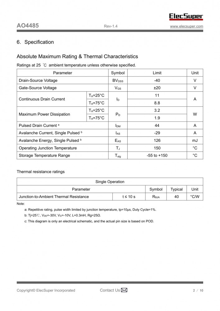 AO4485 datasheet page 2