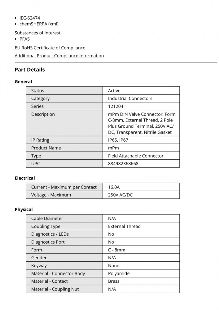 DIN valve connector specification document preview, page 2