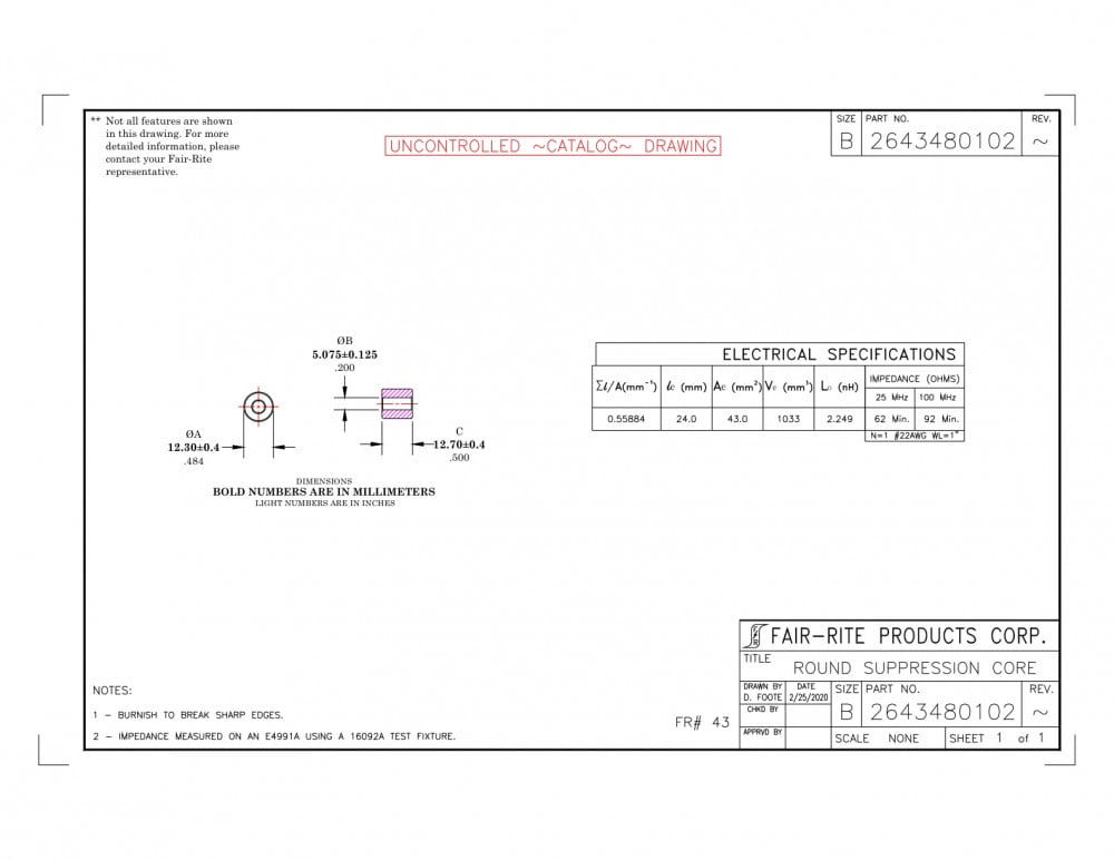 Fair-Rite 2643480102 technical document page