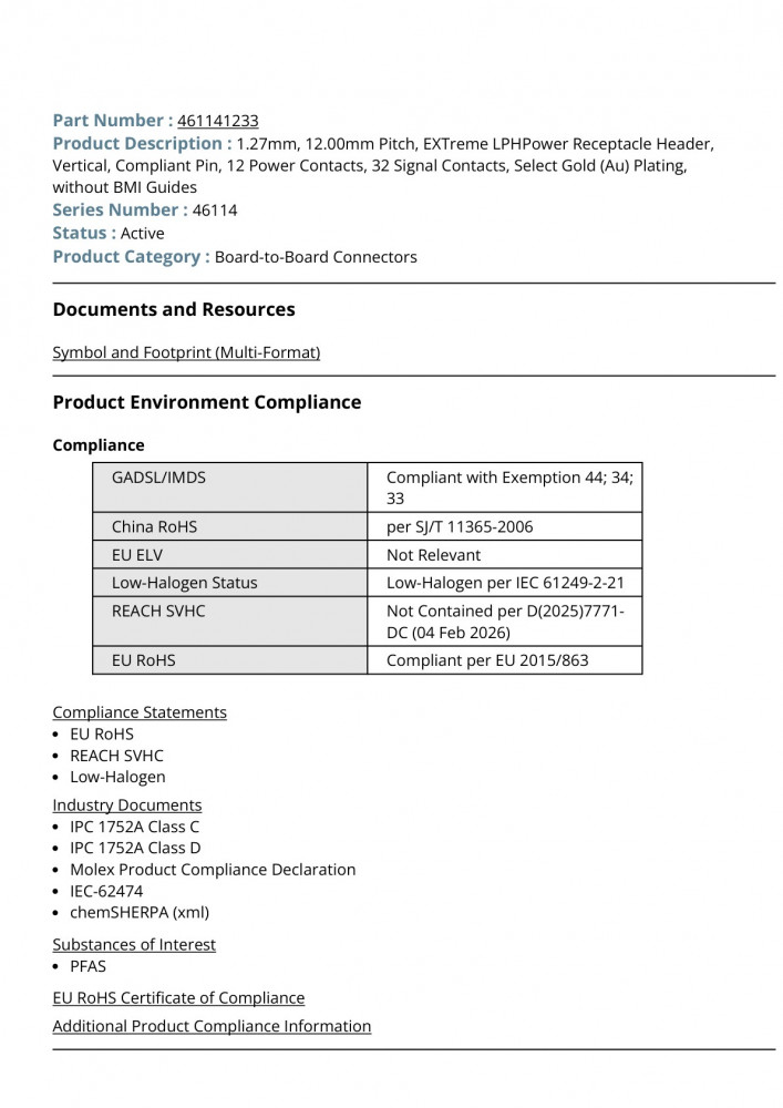 Technical document page 1 for MOLEX 461141233
