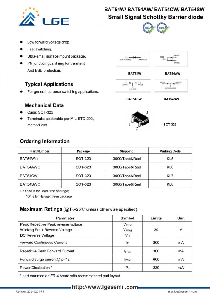 BAT54CW datasheet page 1