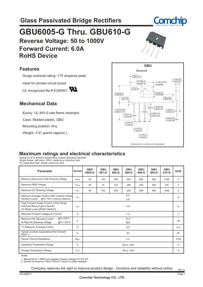 GBU606-G datasheet page 1
