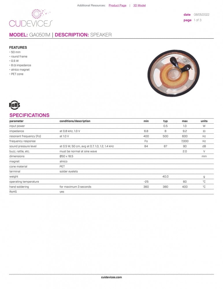 GA0501M feature and specification page