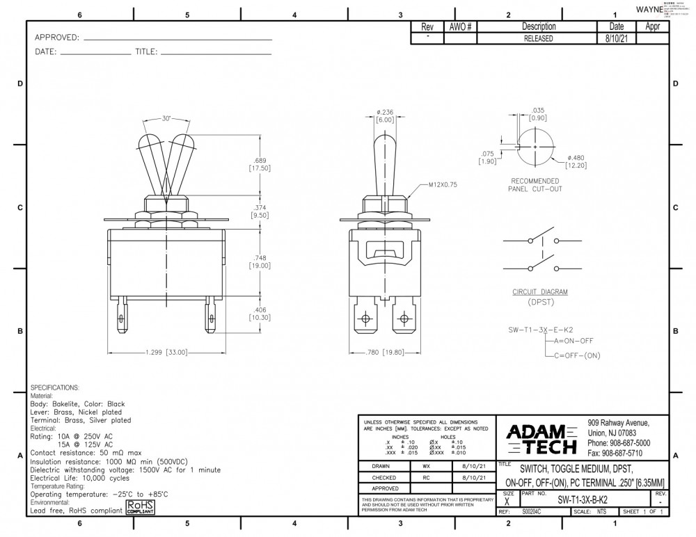 ADAM TECH toggle switch drawing preview for SW-T1-3X-B-K2