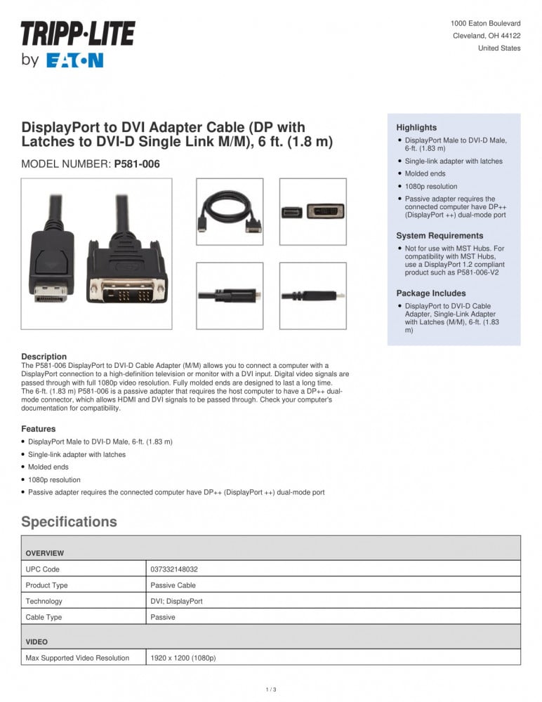 P581-006 product documentation page 1