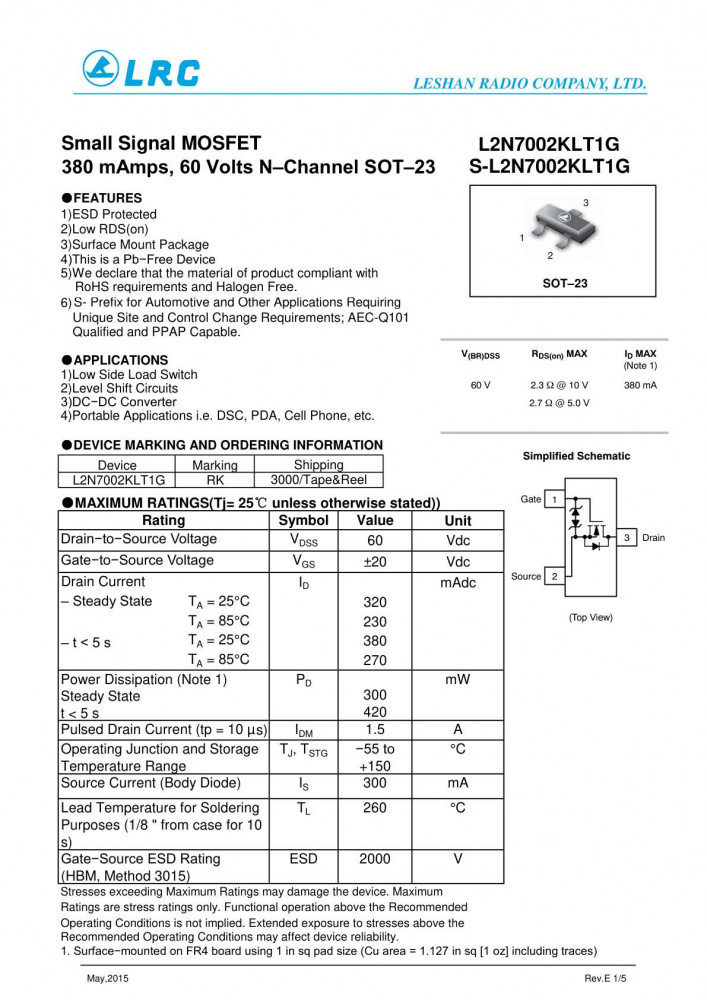 L2N7002KLT1G datasheet page 1