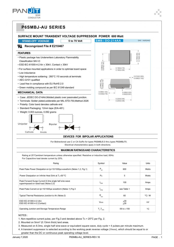 PANJIT P6SMBJ-AU datasheet page 1