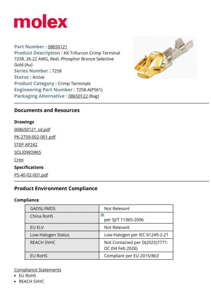 Molex connector product specification page 1