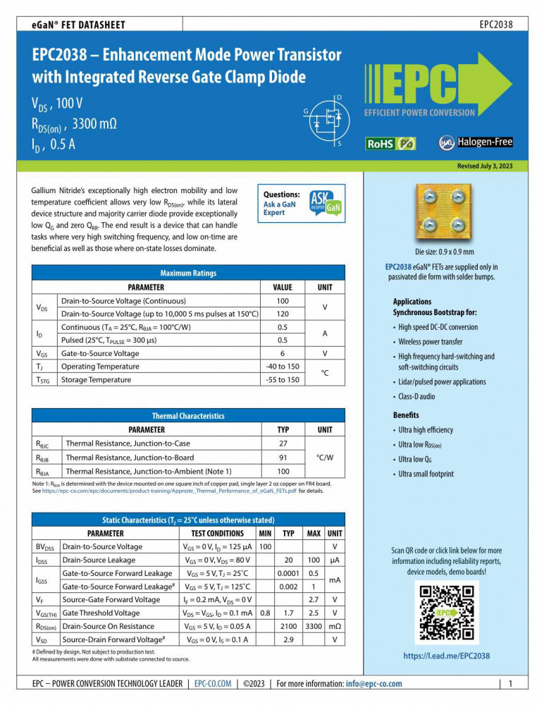 EPC2038 technical document page 1