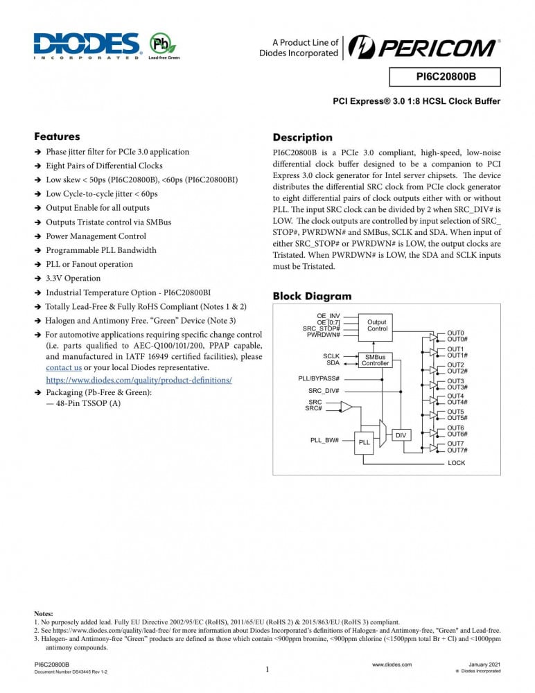 PI6C20800B datasheet page 1