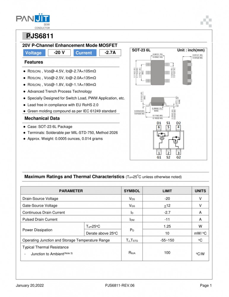 PJS6811 datasheet page 1