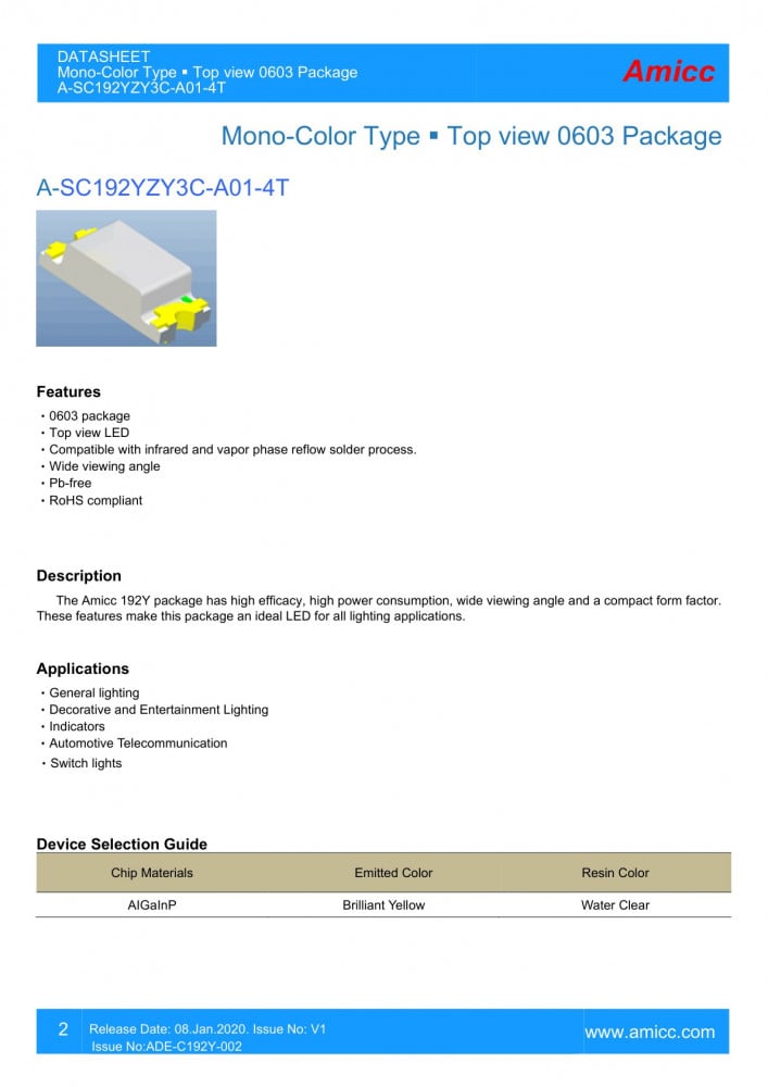 Amicc A-SC192YZY3C-A01-4T datasheet page 2