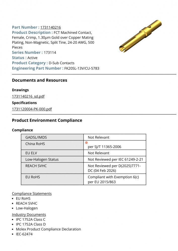MOLEX 1731140216 technical drawing, page 1