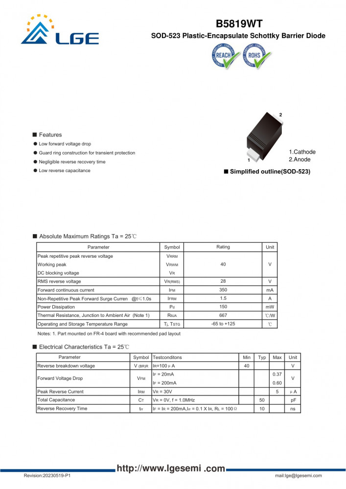 B5819WT datasheet page 1