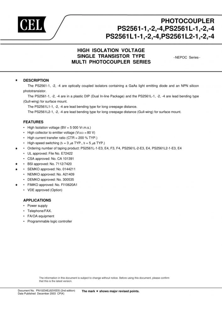 PS2561 series datasheet page 1