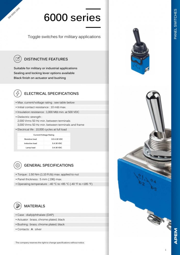 APEM 6000 series document page 1