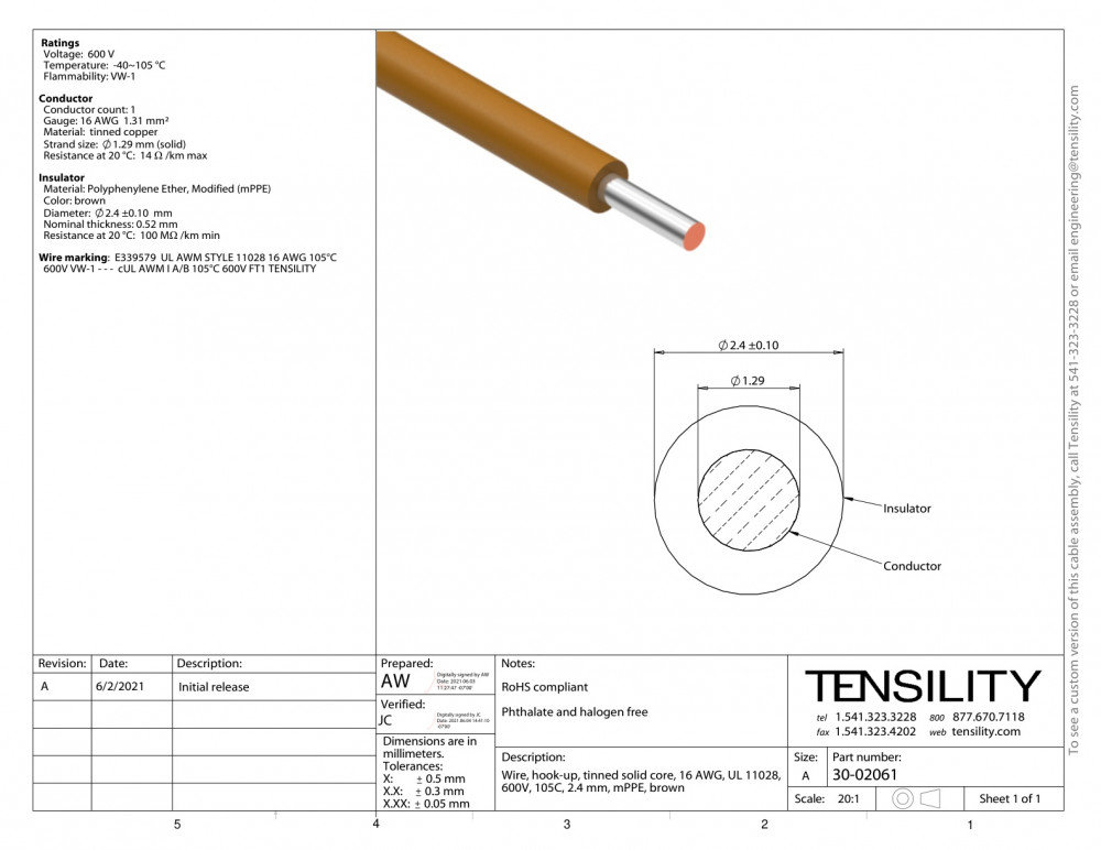 Tensility 30-02061 product drawing showing 16 AWG solid-core brown hook-up wire specifications