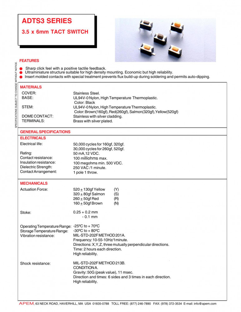 APEM ADTS3 series datasheet page 1