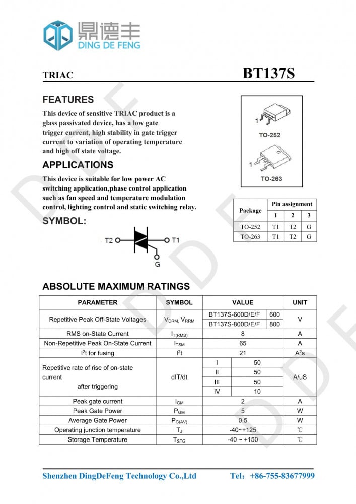 BT137S-800E technical document page 1