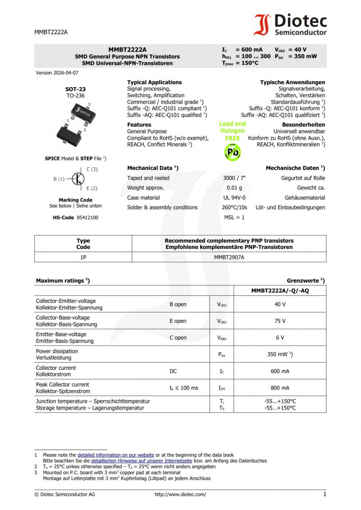 MMBT2222A-Q datasheet page 1