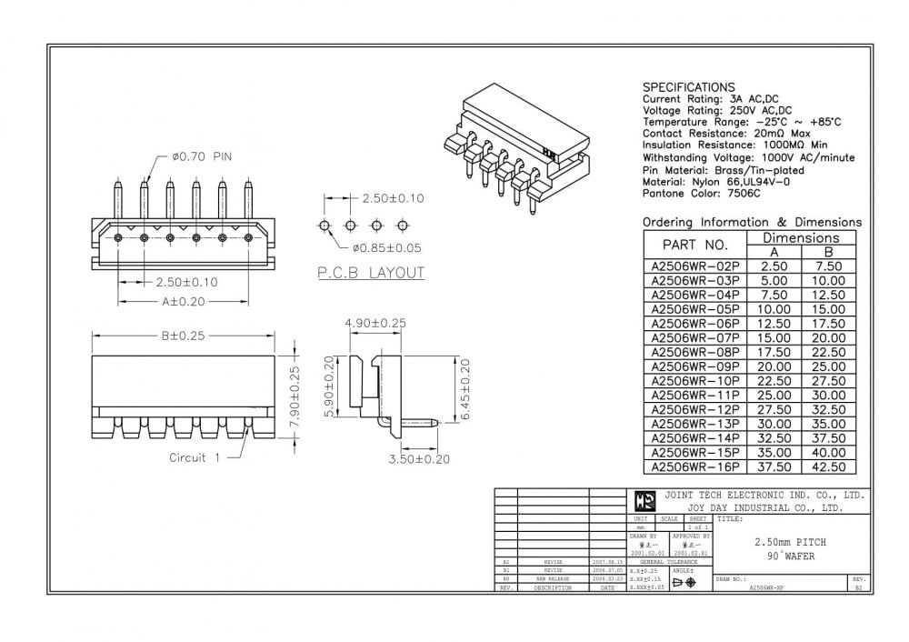 Joint Tech Elec A2506WR-05P technical drawing and specifications
