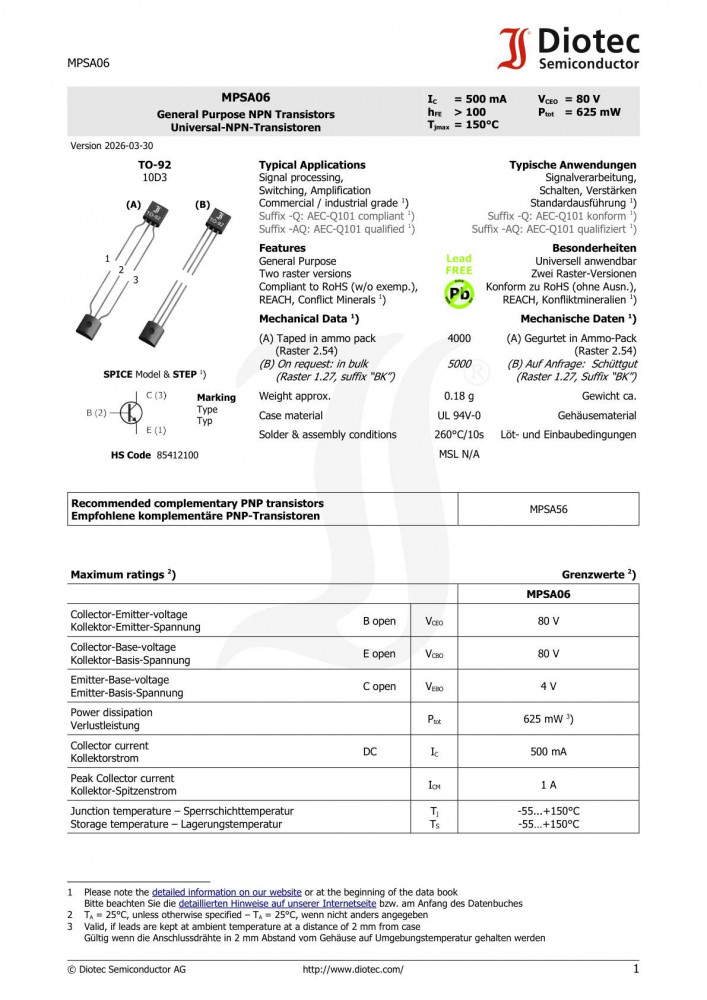 DIOTEC MPSA06 document page 1