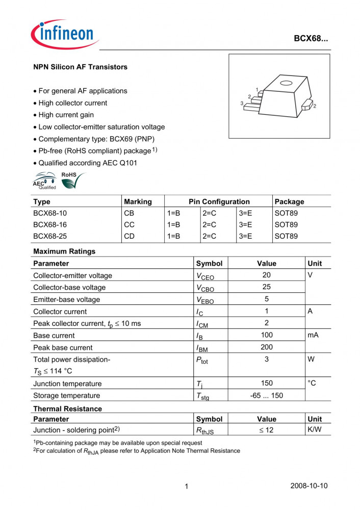 BCX68-16E6327 datasheet page 1