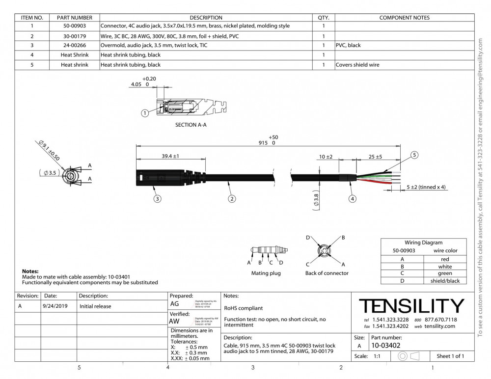 Technical drawing image for Tensility International 10-03402 cable assembly