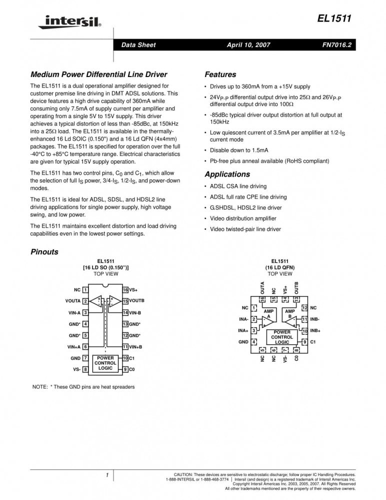 EL1511 datasheet page 1