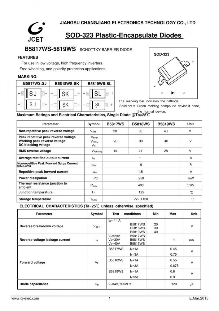 B5819WS datasheet page 1