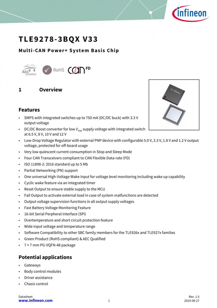 TLE9278-3BQX V33 datasheet page 1