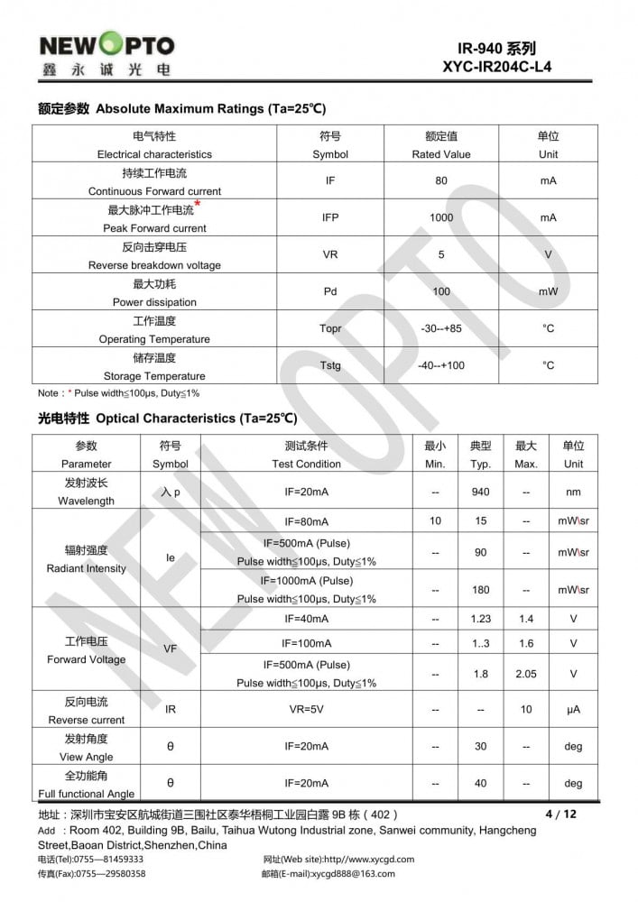 XYC-IR204C-L4 datasheet page 4