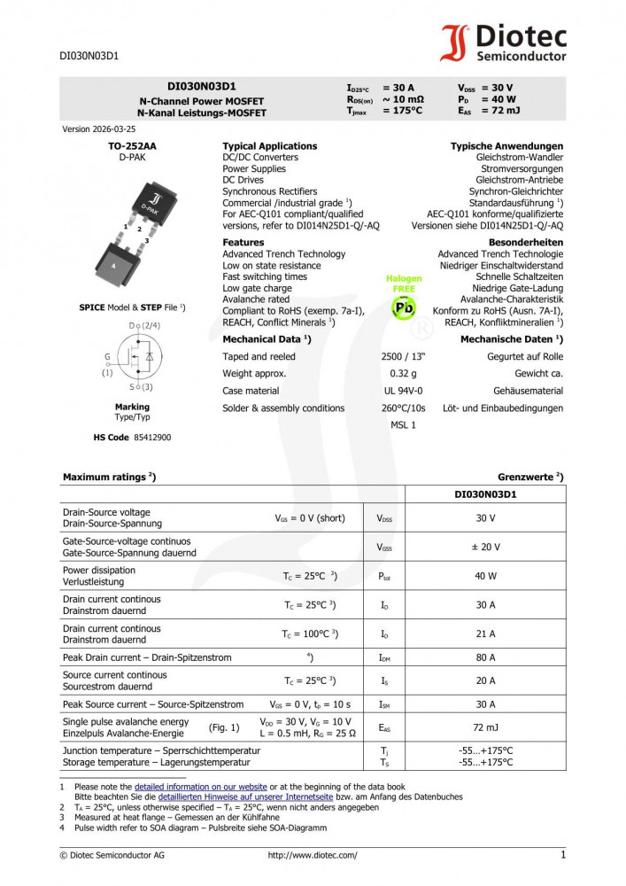 DIOTEC DI030N03D1 technical document, page 1
