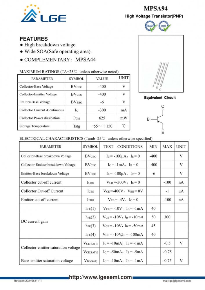 LGE MPSA94 datasheet page 1