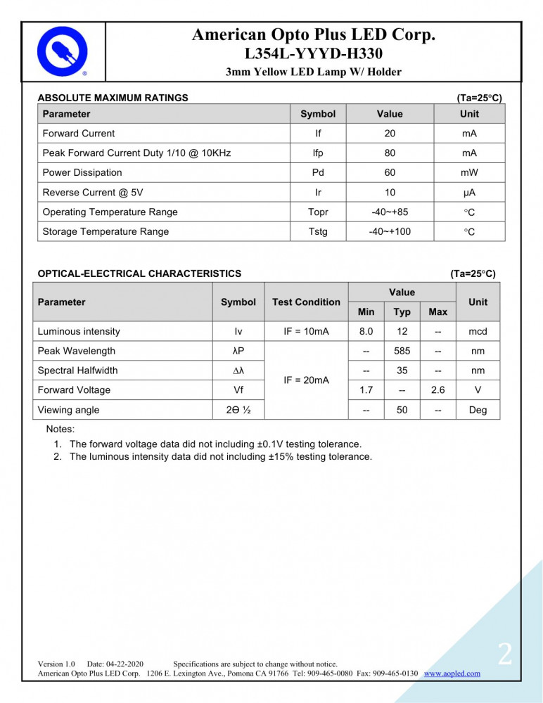 L354L-YYYD-H330 datasheet page 2