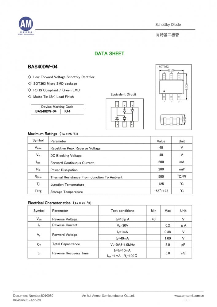BAS40DW-04 datasheet page 1